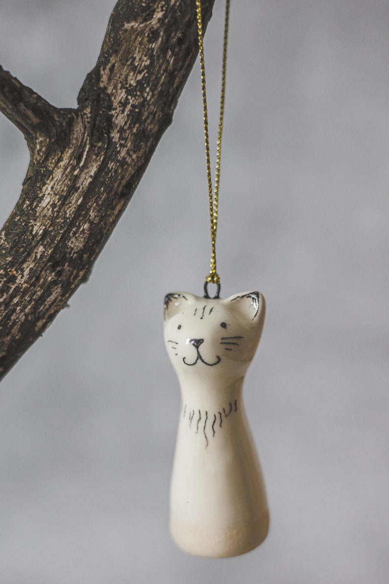 Vintage Smiling Cat Sculpture Christmas Ornament - Hand Painted Ceramic ...