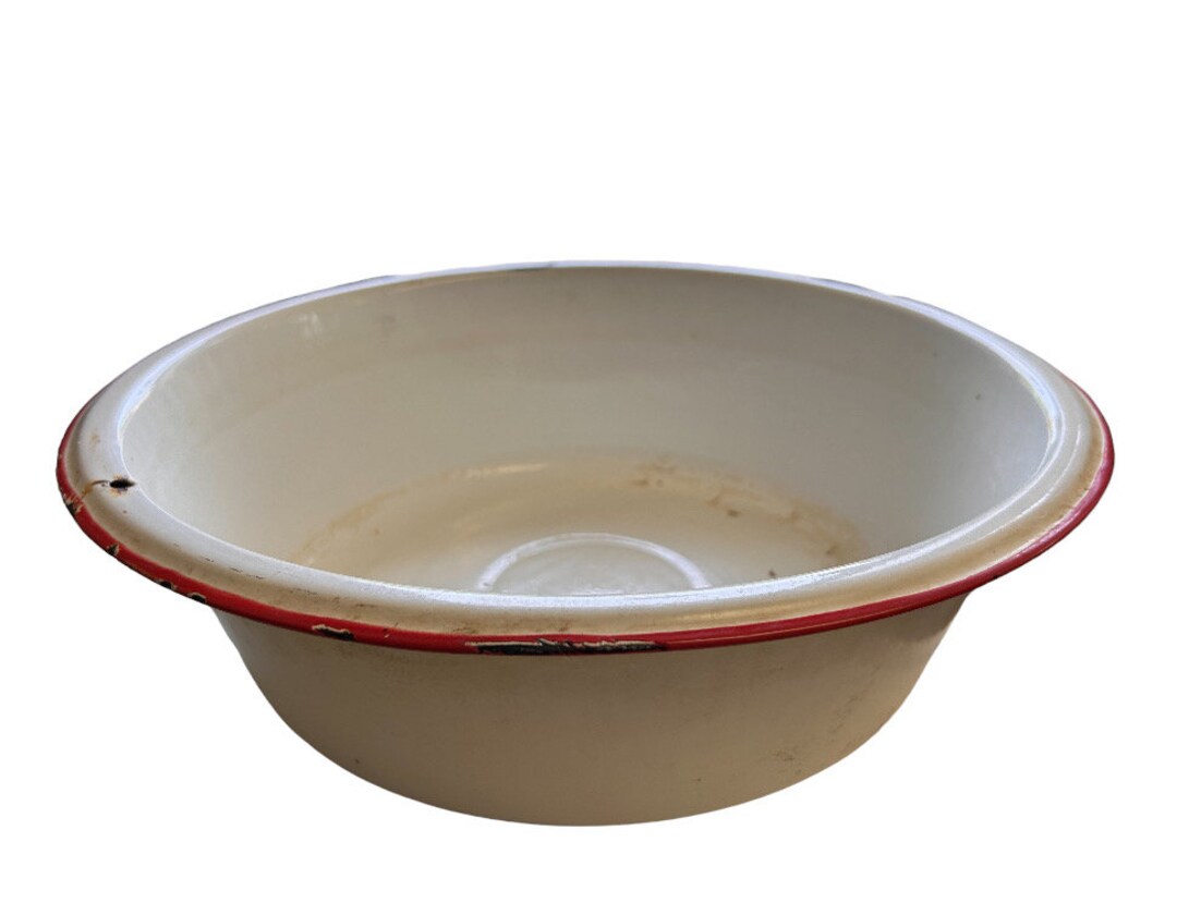 Vintage Enamel Wash Basin White With Red Stripe 15 Diameter Round - Etsy