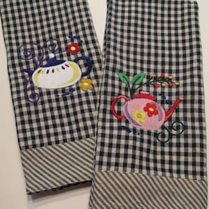 Embroidered Kitchen Towel Jacobean Tea Pot -blue & White Check - Etsy