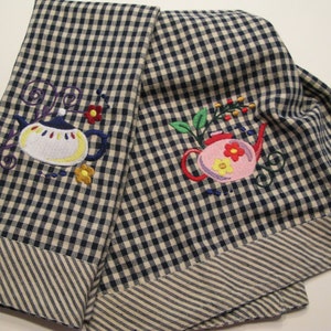 Embroidered Kitchen Towel Jacobean Tea Pot -blue & White Check - Etsy