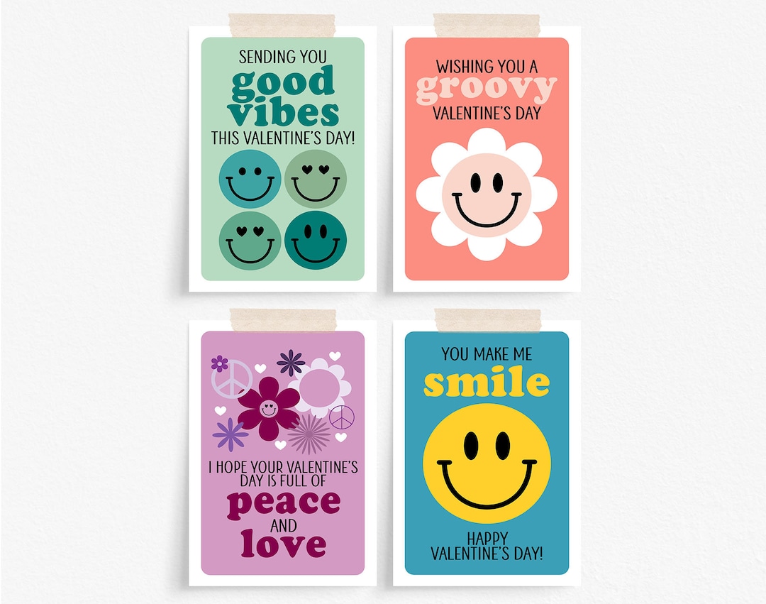Boho Valentine Cards Printable, Smiley Valentine Card Files Digital ...