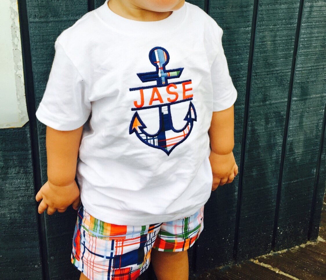 Baby Boy Monogrammed Anchor Appliqued shirt Matching Madras | Etsy