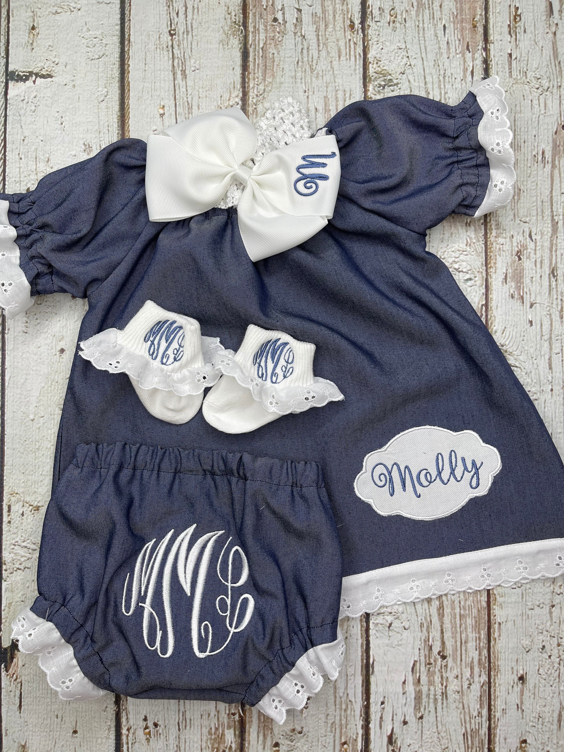 Monogrammed Baby Girl Denim Dress Set: Appliqued Flower, Lace Trim - Etsy