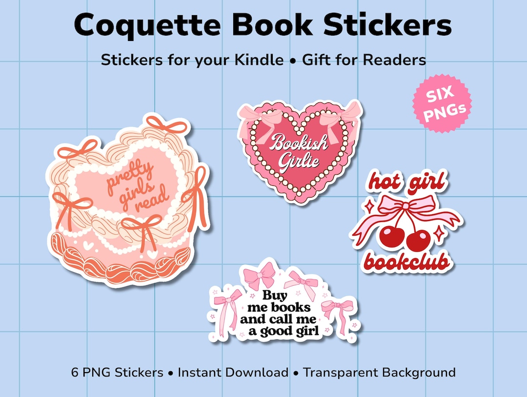 Coquette Book Stickers Bundle: Romance Reader, Booktok (6 PNG Digital ...