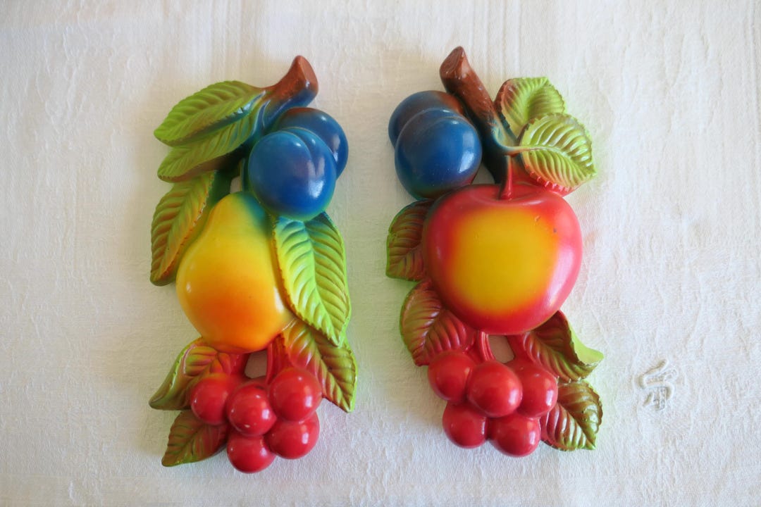 Vintage Chalkware FRUIT! 2 Pc Wall Hangings! 1974 Stu MILLER! Bright ...