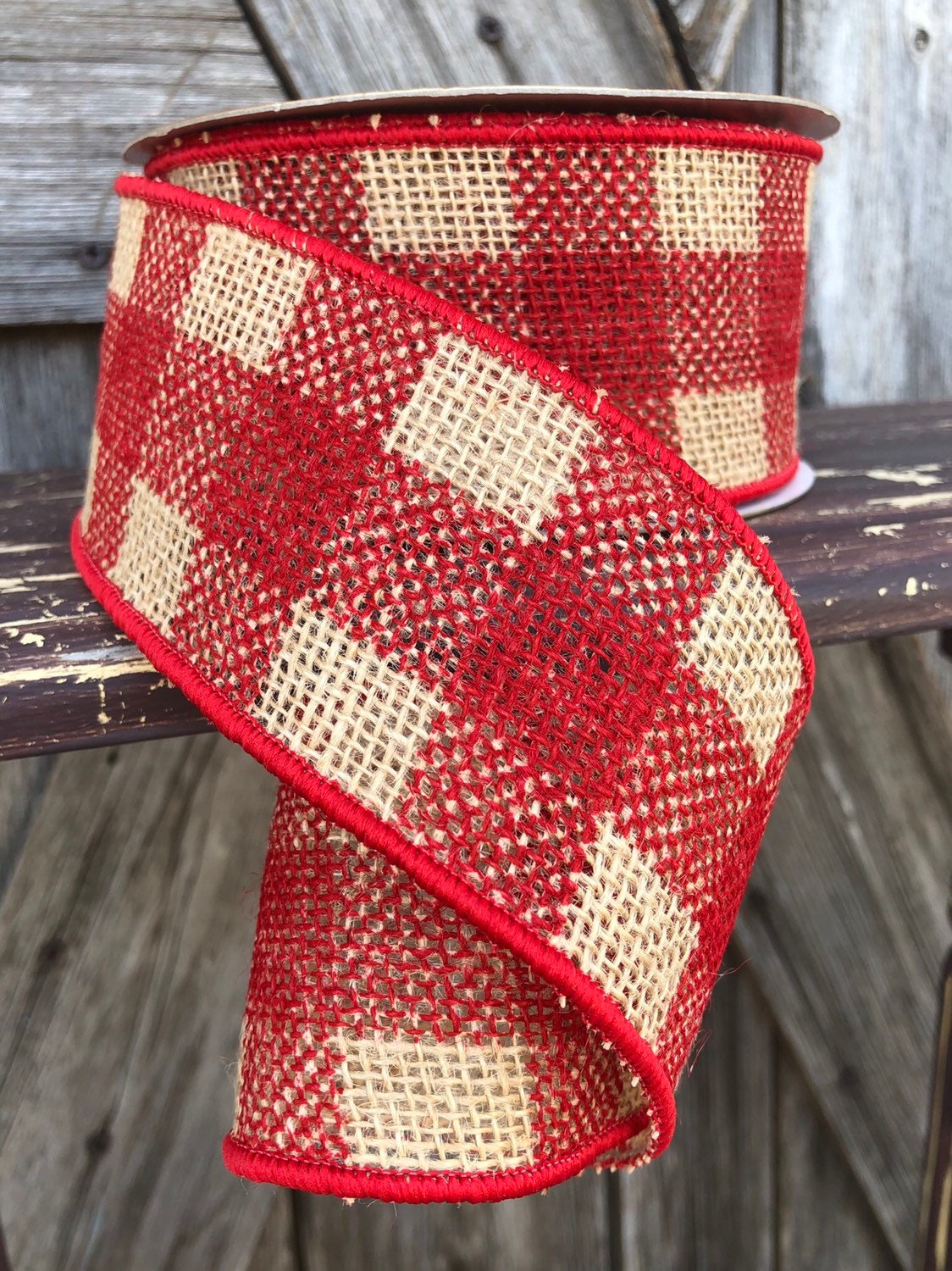 Wired Ribbon ~ 2.5 Inch Ribbon ~ Red and Burlap Ribbon ~ 10 Yards