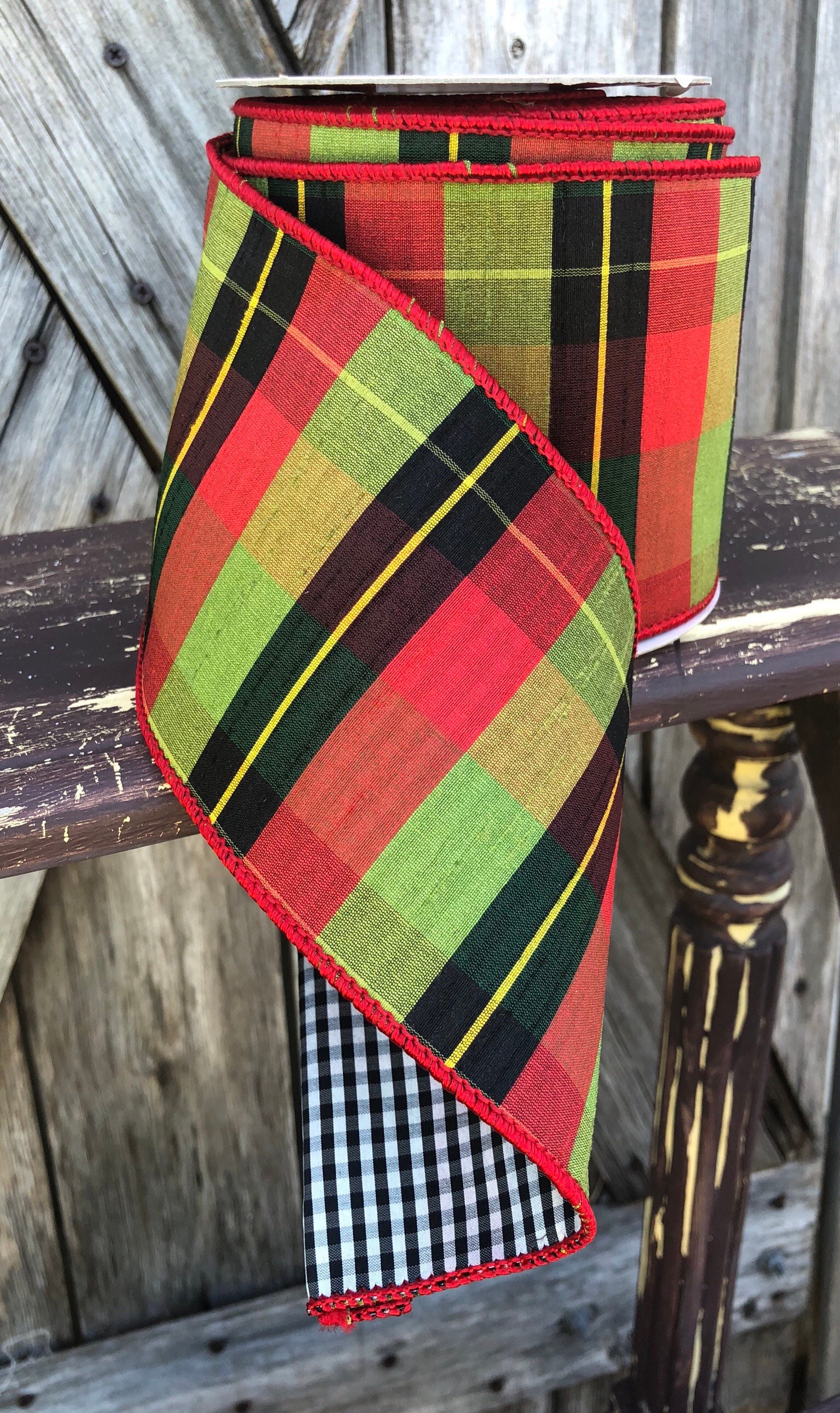 Wired Ribbon ~ 4 Inch Ribbon ~ Red Plaid Ribbon ~ 3 Yards