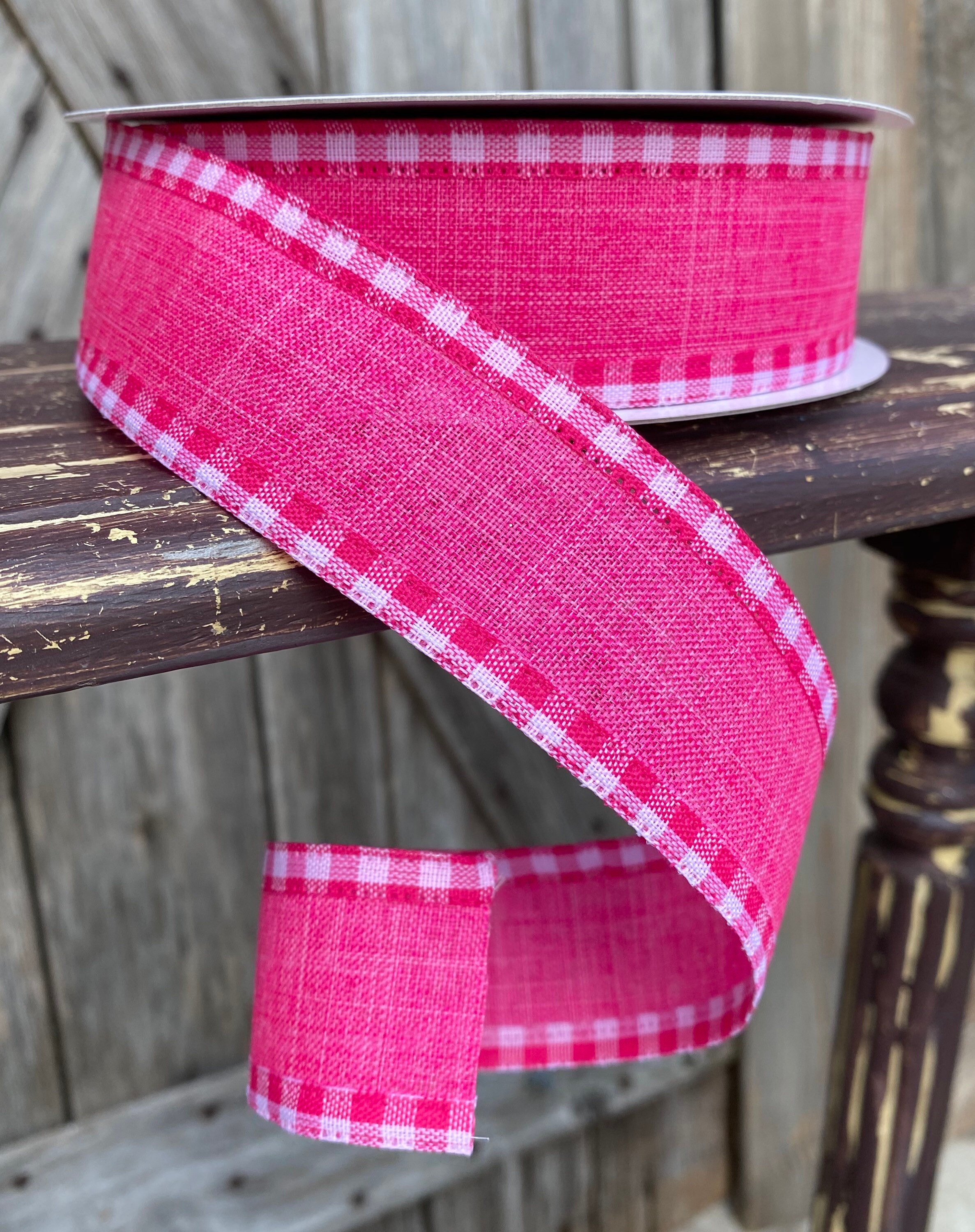 10 Yards, Wired Ribbon, Hot Pink Check Ribbon