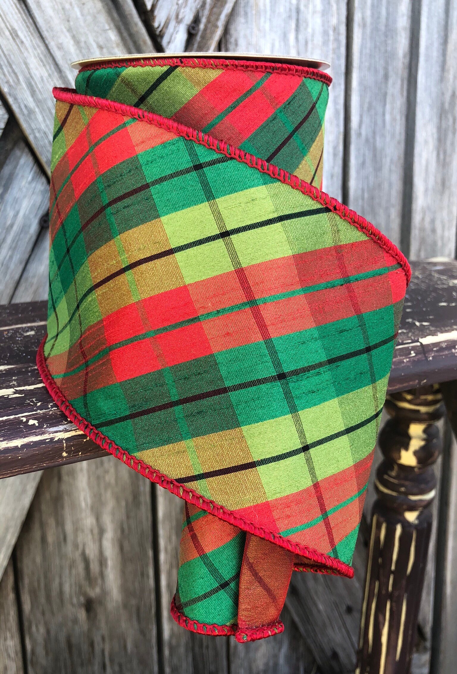 Wired Ribbon ~ 4 Inch Ribbon ~ Red Green Plaid Ribbon ~ 3 Yards