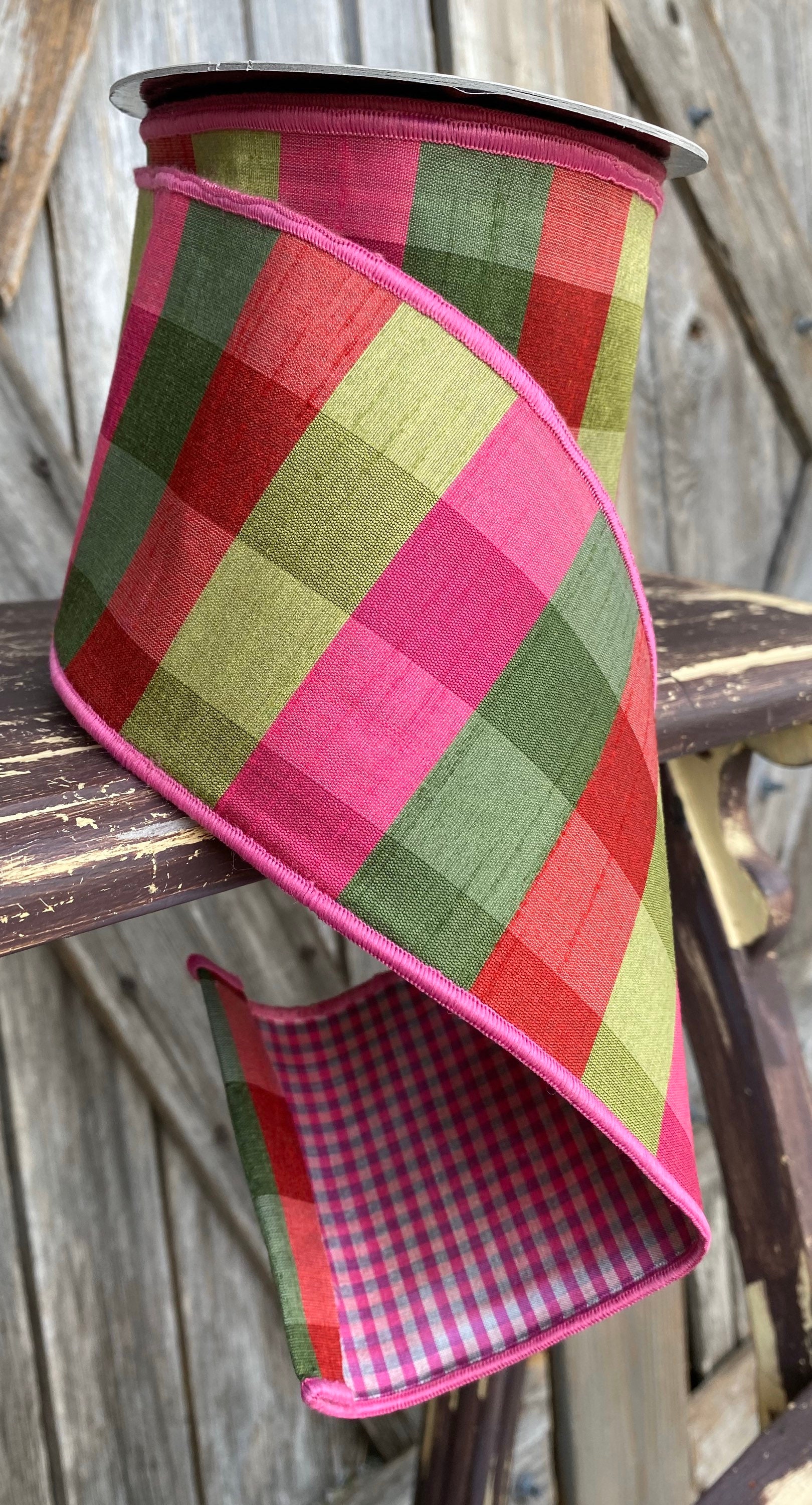 Wired Ribbon ~ 4 Inch Ribbon ~ Pink, Green & Red ~ 10 Yards