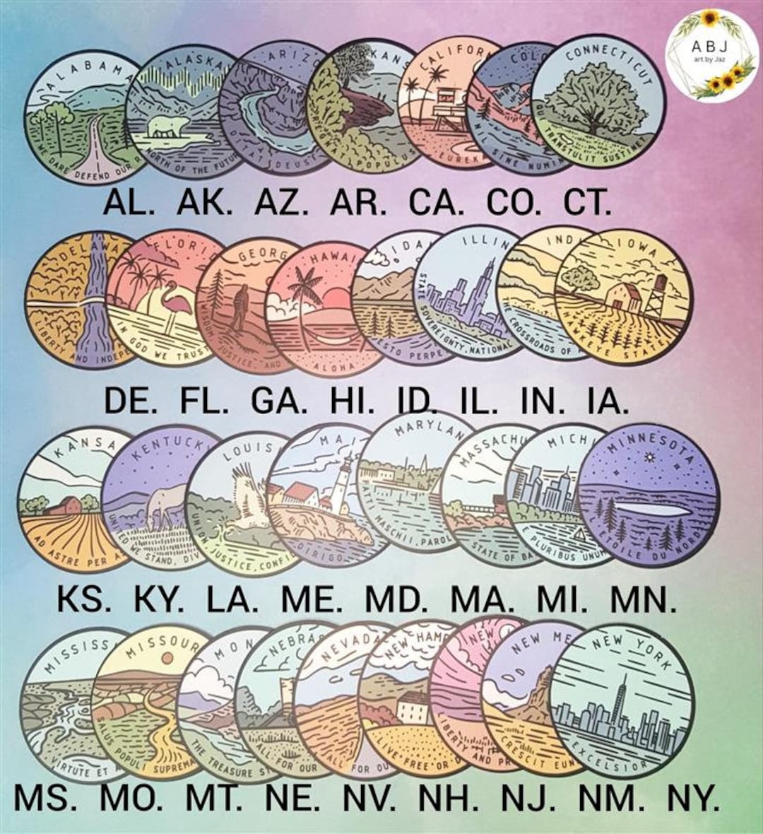 Single State Stickers, Round Stickers, US State Stickers, Landscape ...