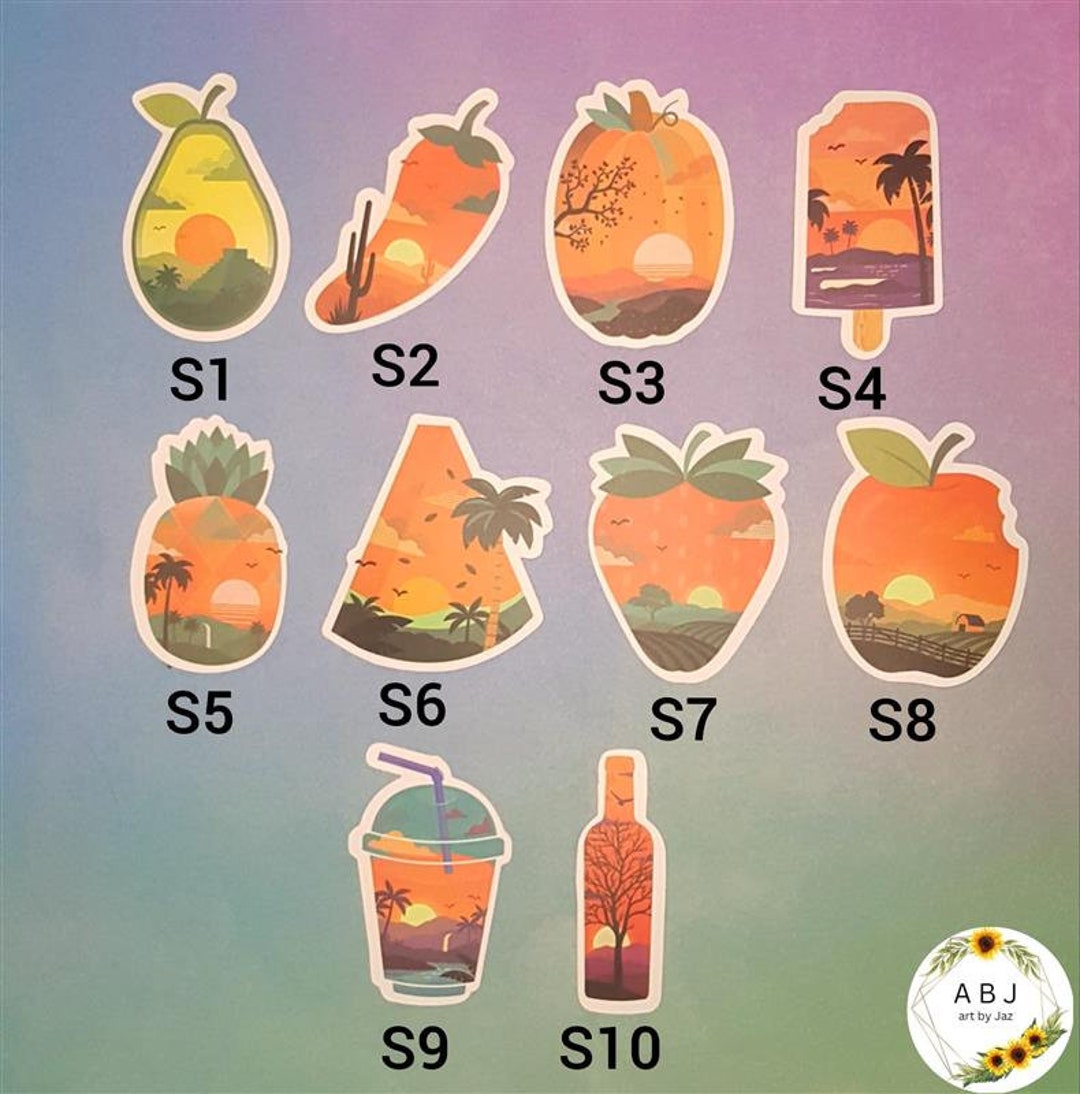 Summer Themed Stickers. Different Shaped Stickers, Sunset Cool Setting ...