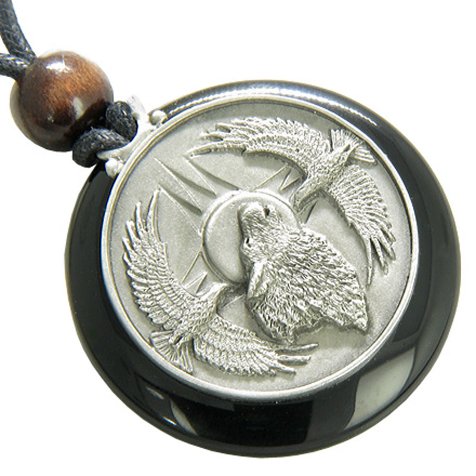 Amulet Howling Wolf Eagles Magic Medallion Circle Black Agate | Etsy