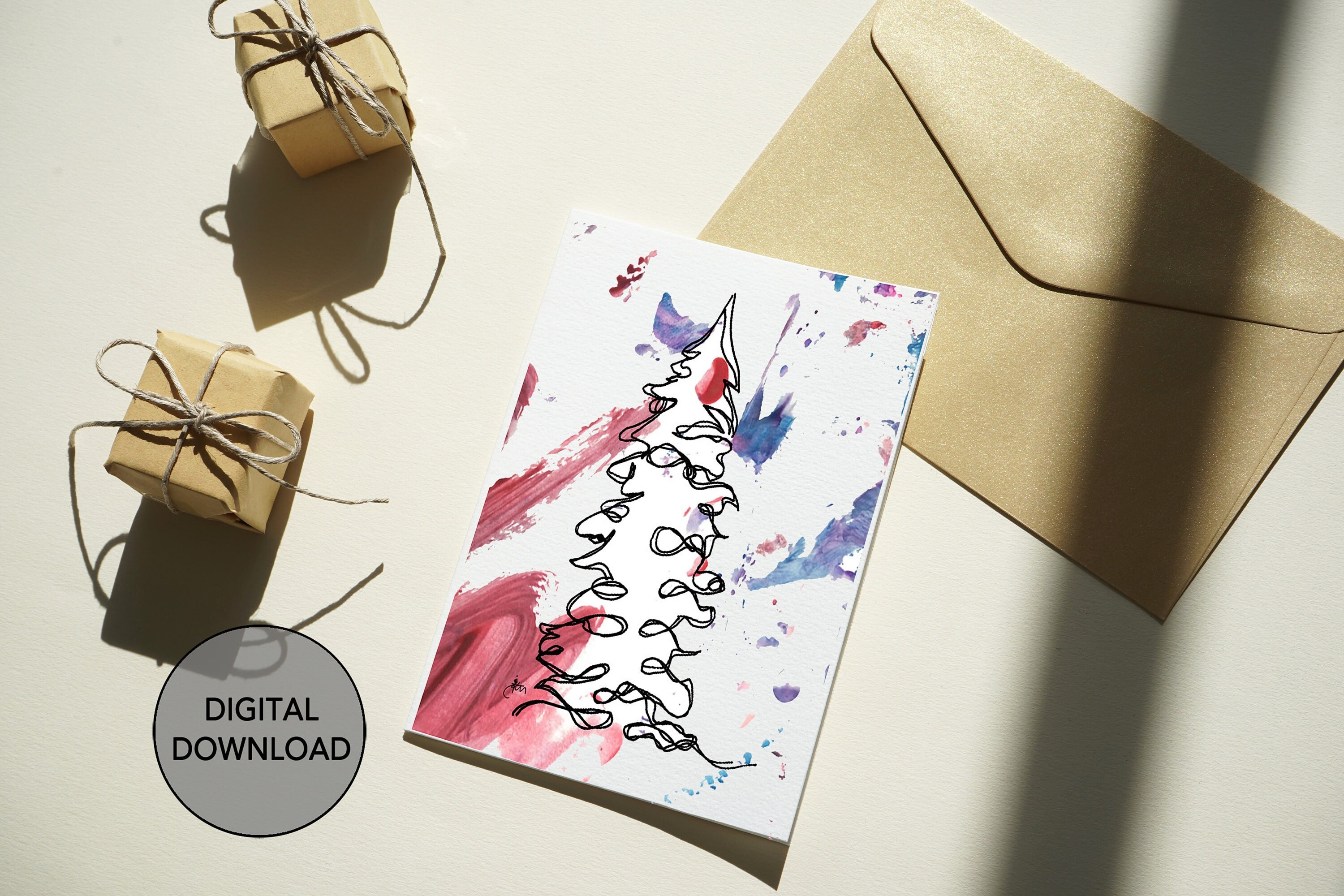 Printable Tree Holiday Card, Greeting Card, Christmas Card, Hand Drawn ...