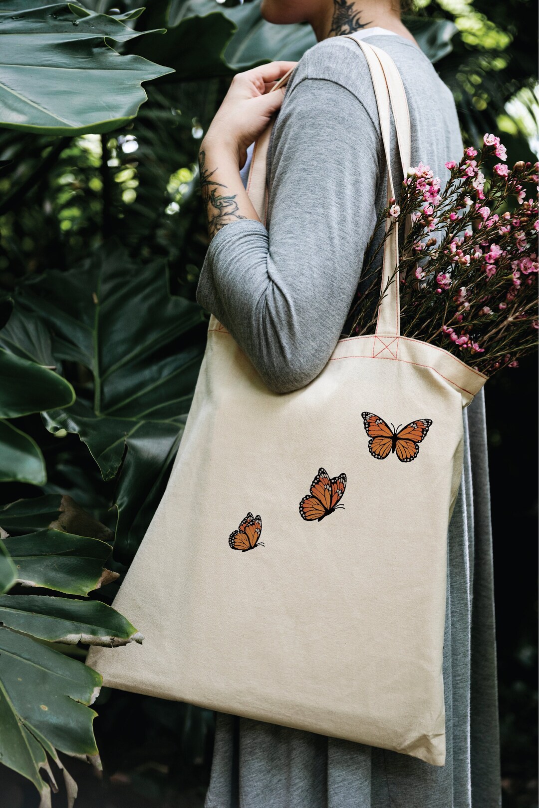 Personalized Monarch Butterfly Beige Canvas Tote, Butterfly Bag, Beige ...