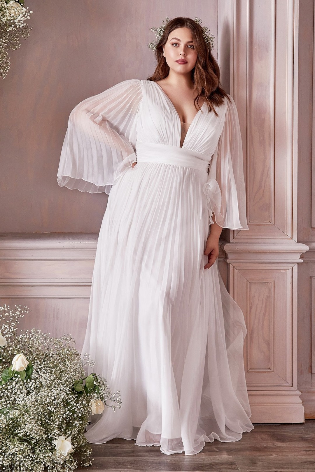 Plus Size Long Sleeve Wedding Dress/destination Bridal Gown/pleated ...
