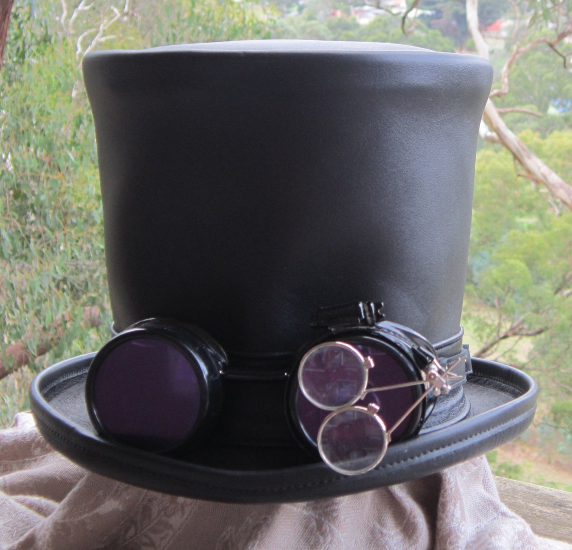 Steampunk Black / Brown Leather Gothic / Punk / Biker Style Top Hat ...