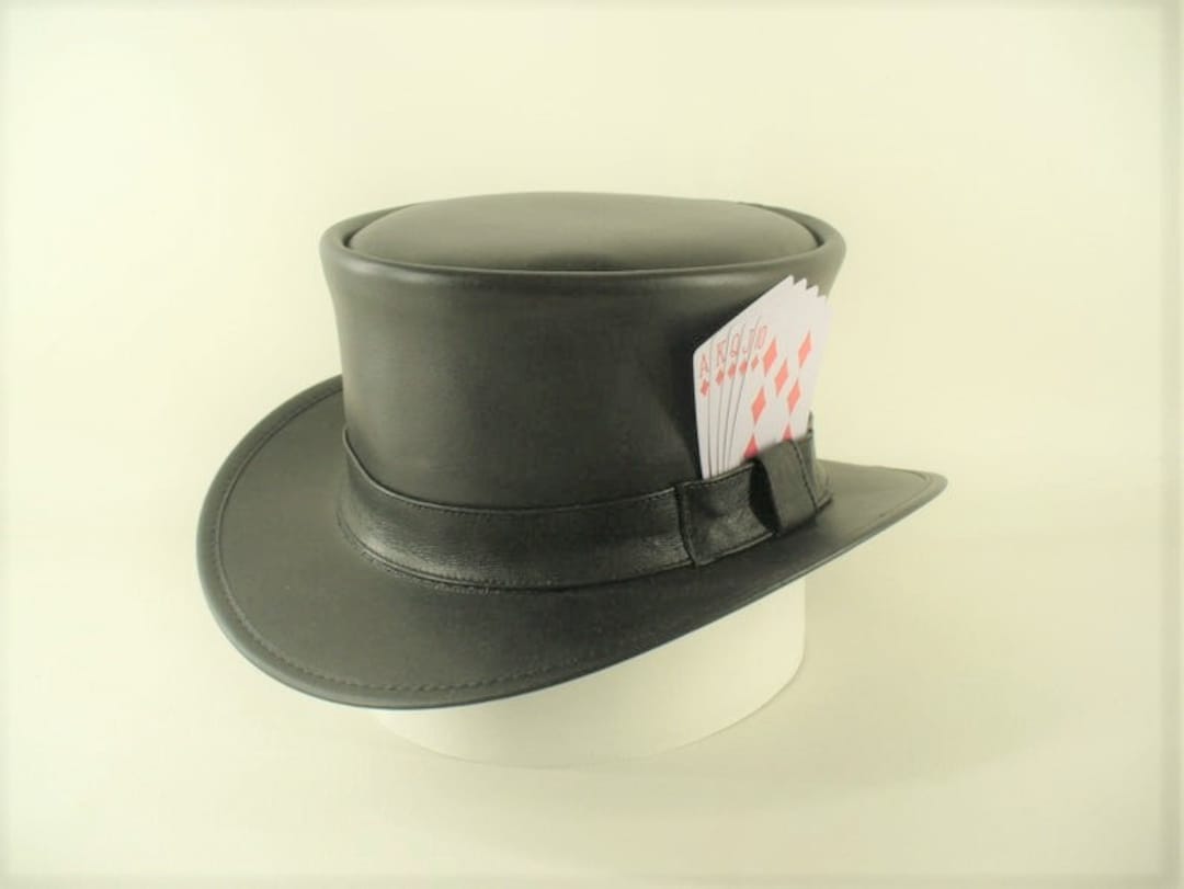 Black Leather Vintage Style Coachman Hat With Playing Cards and Leather ...