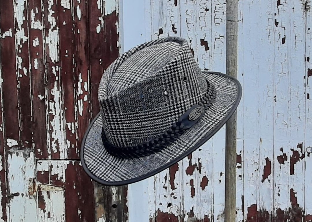 Tweed Fabric & Leather Classic Fedora Hat - Traditional Bogart Style ...