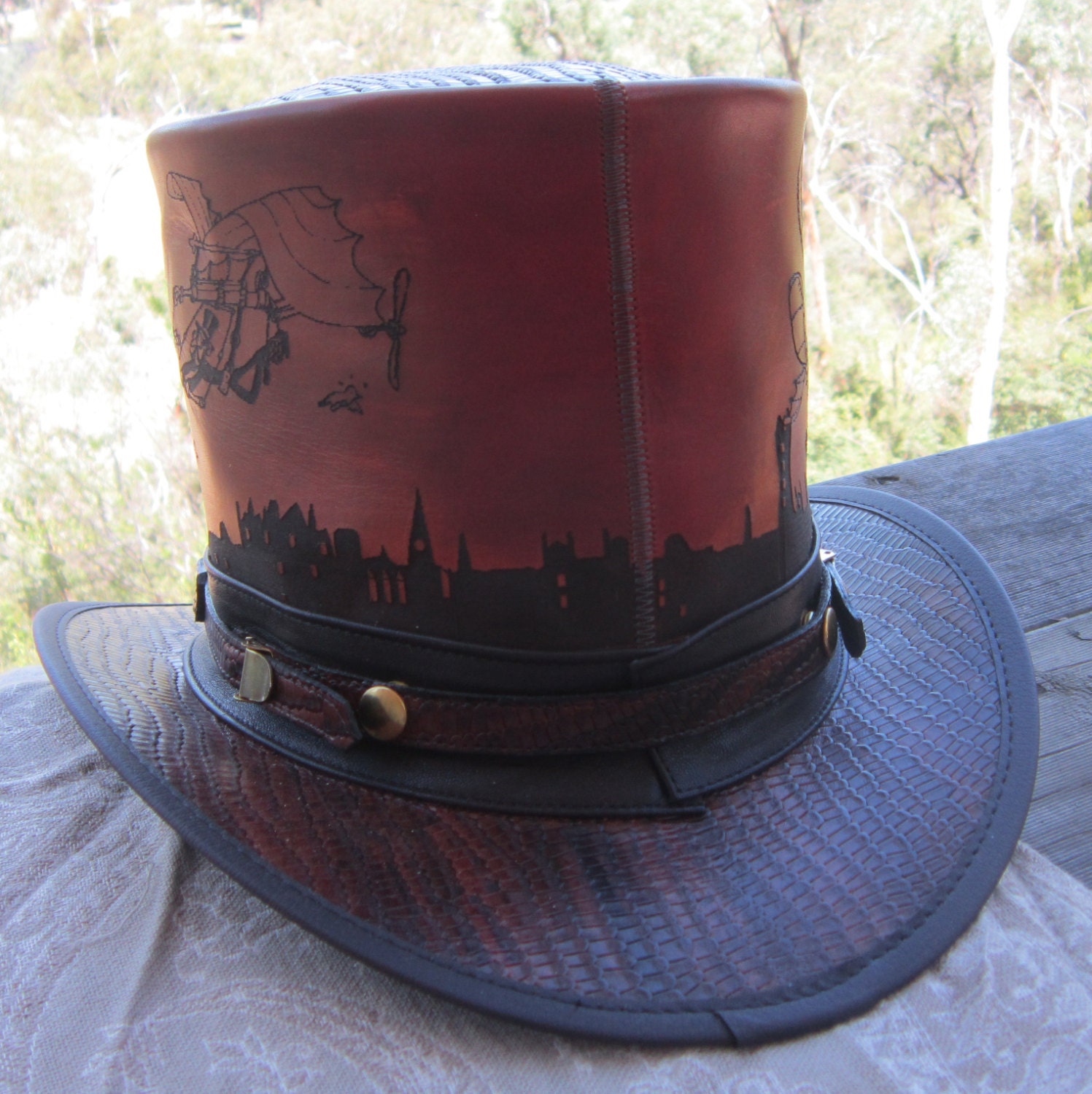 Hand Made Fantasy Etched Unique Steampunk Top Hat With Golden Aviator ...