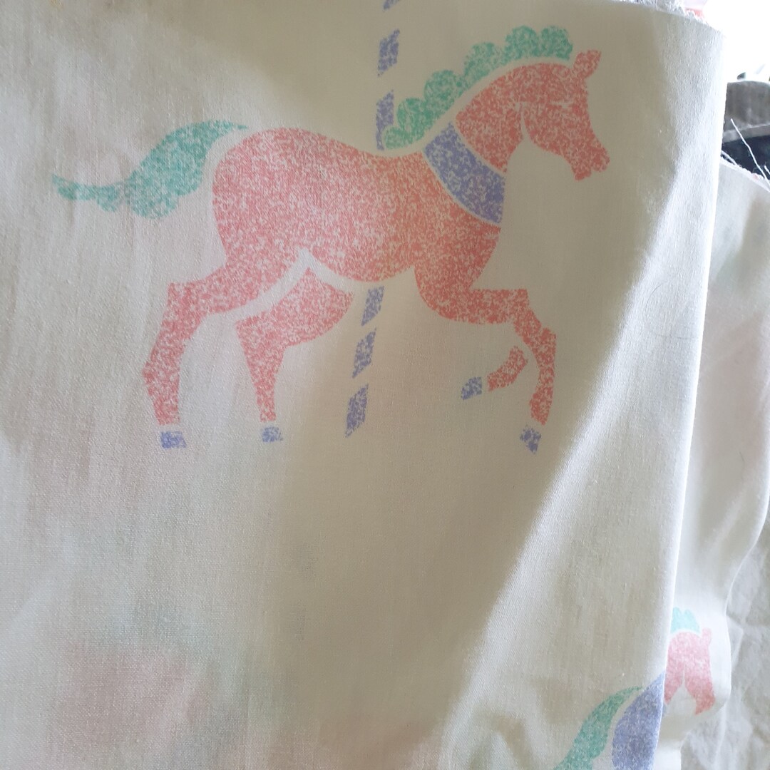 Vintage 80s Fabric Remnant Cotton Kids Kapers Carousel Horses White ...