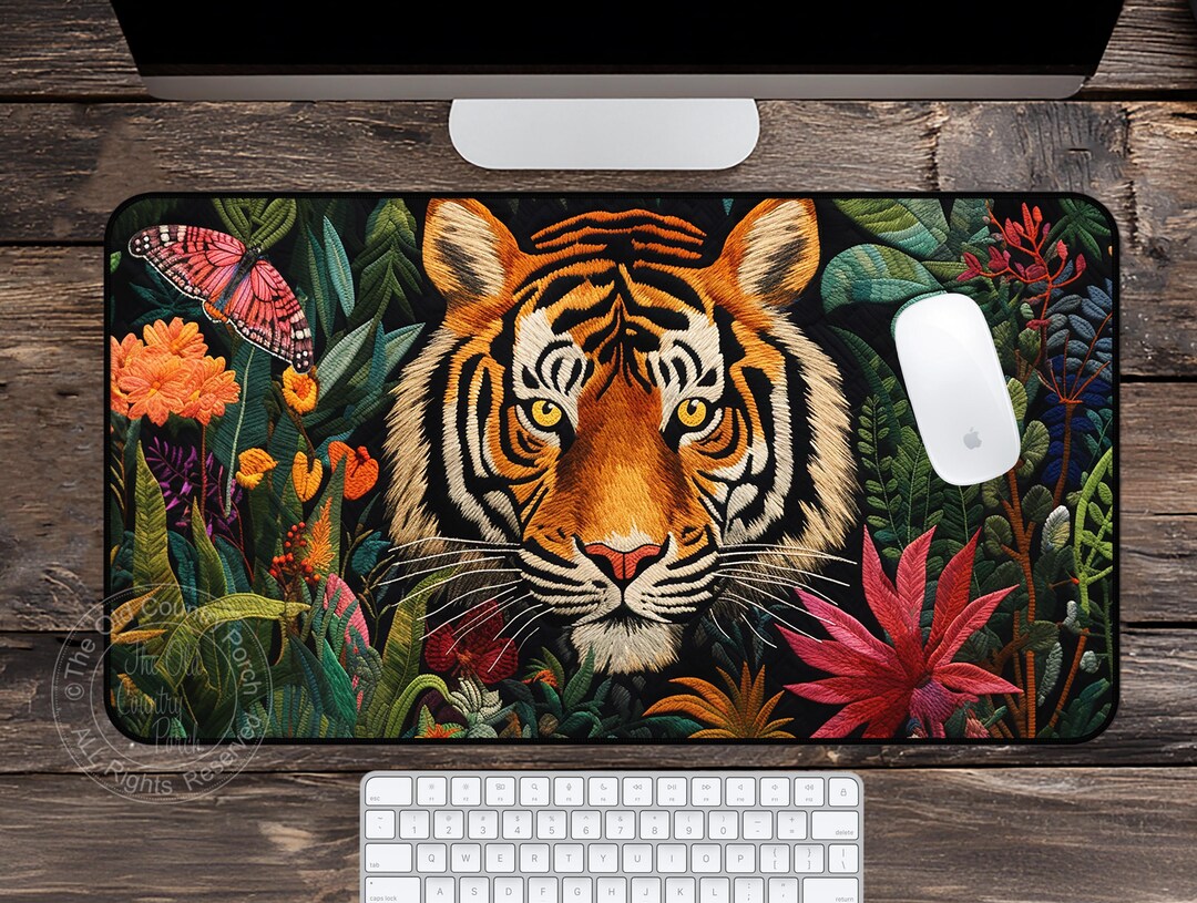 Embroidered Style Tiger Desk Mat | Jungle Animal Mousepad - Etsy