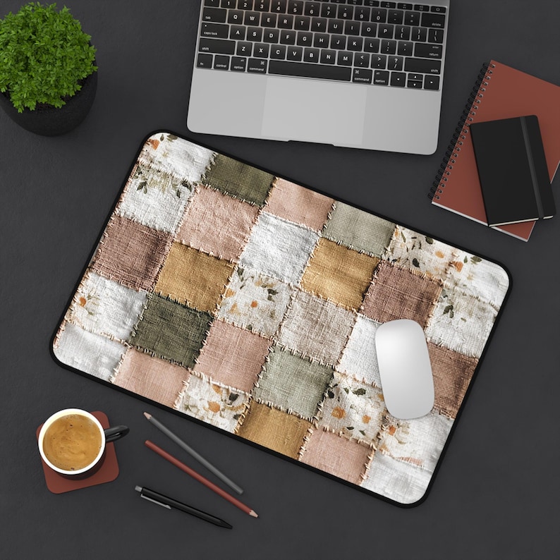 Neutral Linen Patchwork Style Desk Mat - Etsy