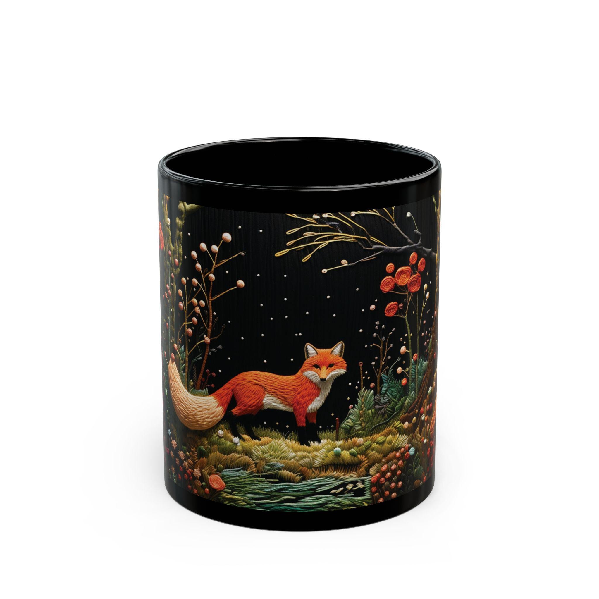 3D Embroidery Style Fox Forest Mug Woodland Animal Coffee Cup, Rustic ...