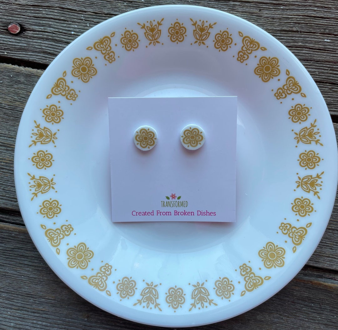 Corelle Golden Butterfly Earrings: Upcycled China Button Stud Earrings ...