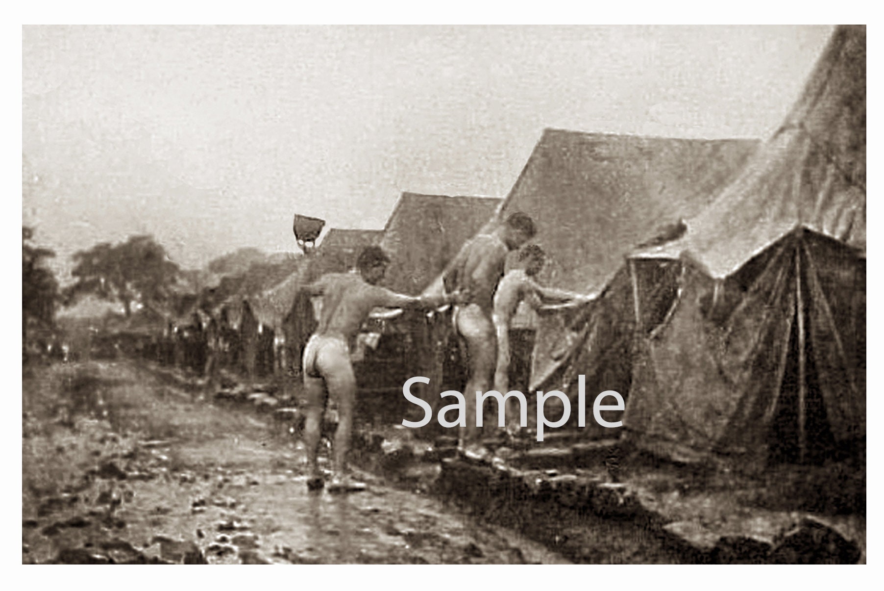 Vintage 1940s Photo Of A Group Of Nude Soldiers Bathing Outdoors In The
