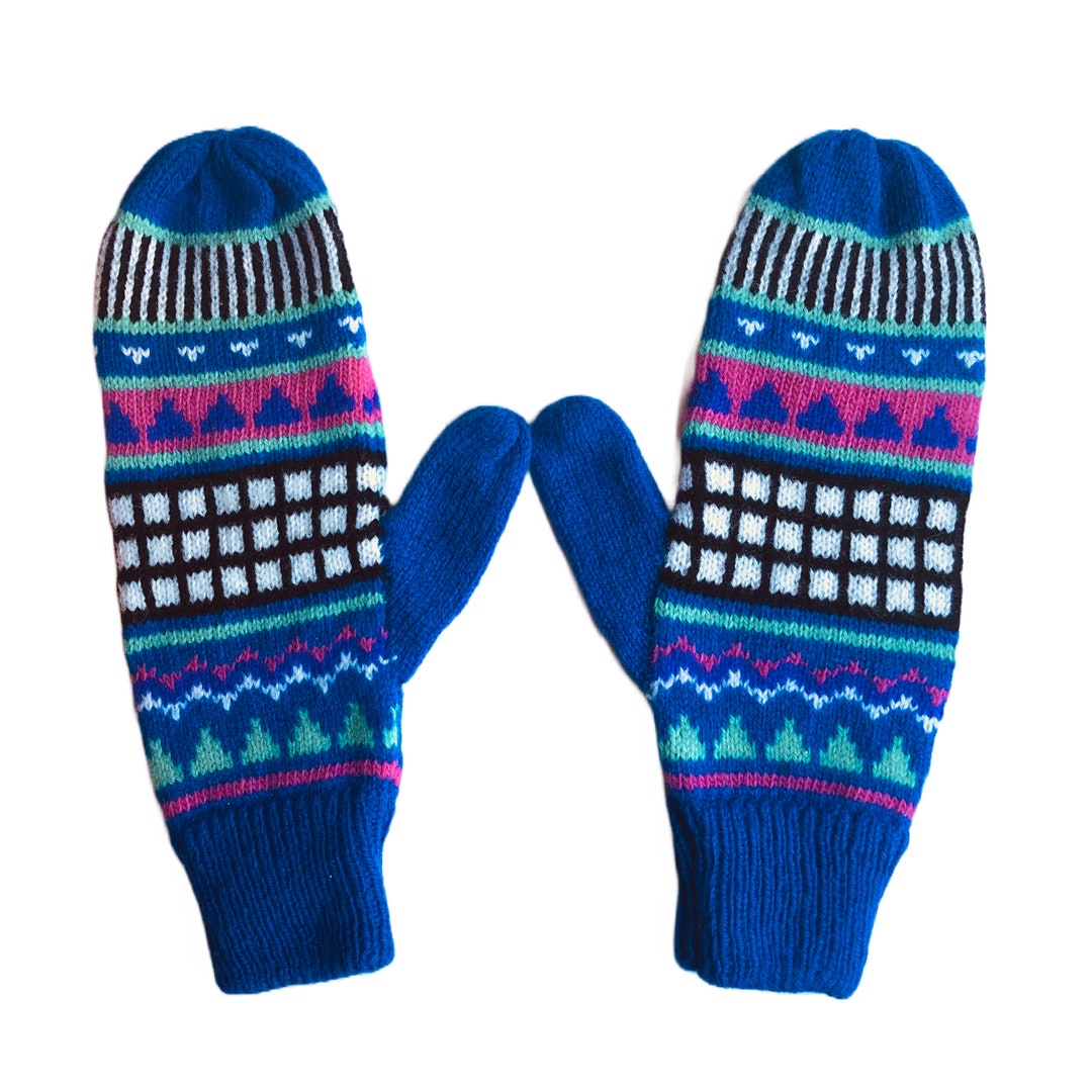 Blue Fun Retro Style Mittens for Women/ Lambswool Fine Knit Gloves ...