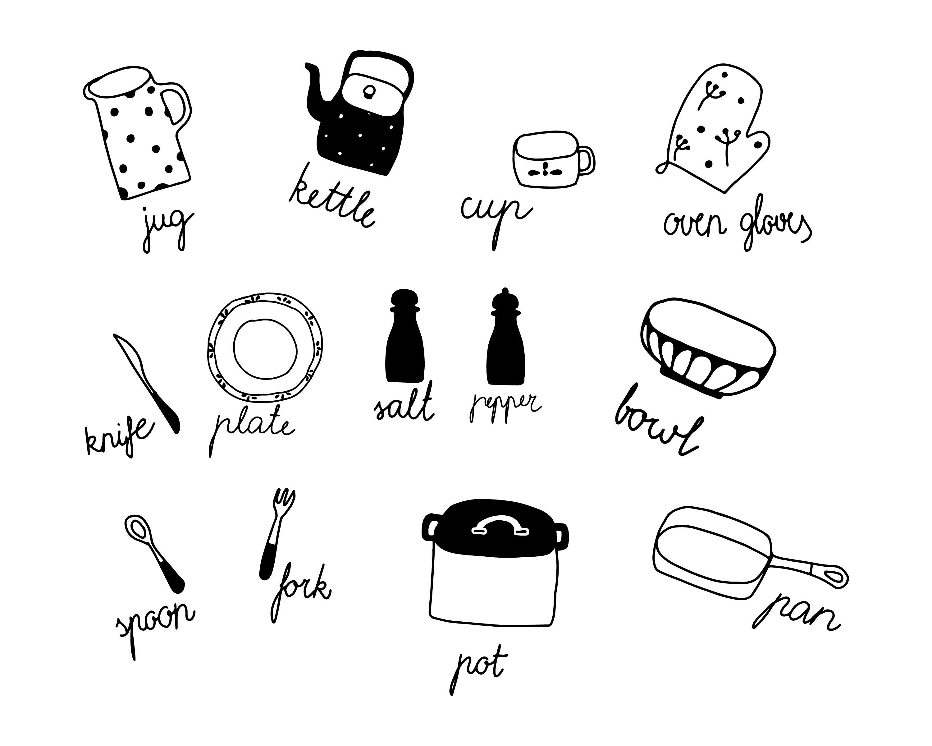 Hand Drawn Kitchen Doodles Kitchen Tools Clipart Set Svg Kitchen Svg ...