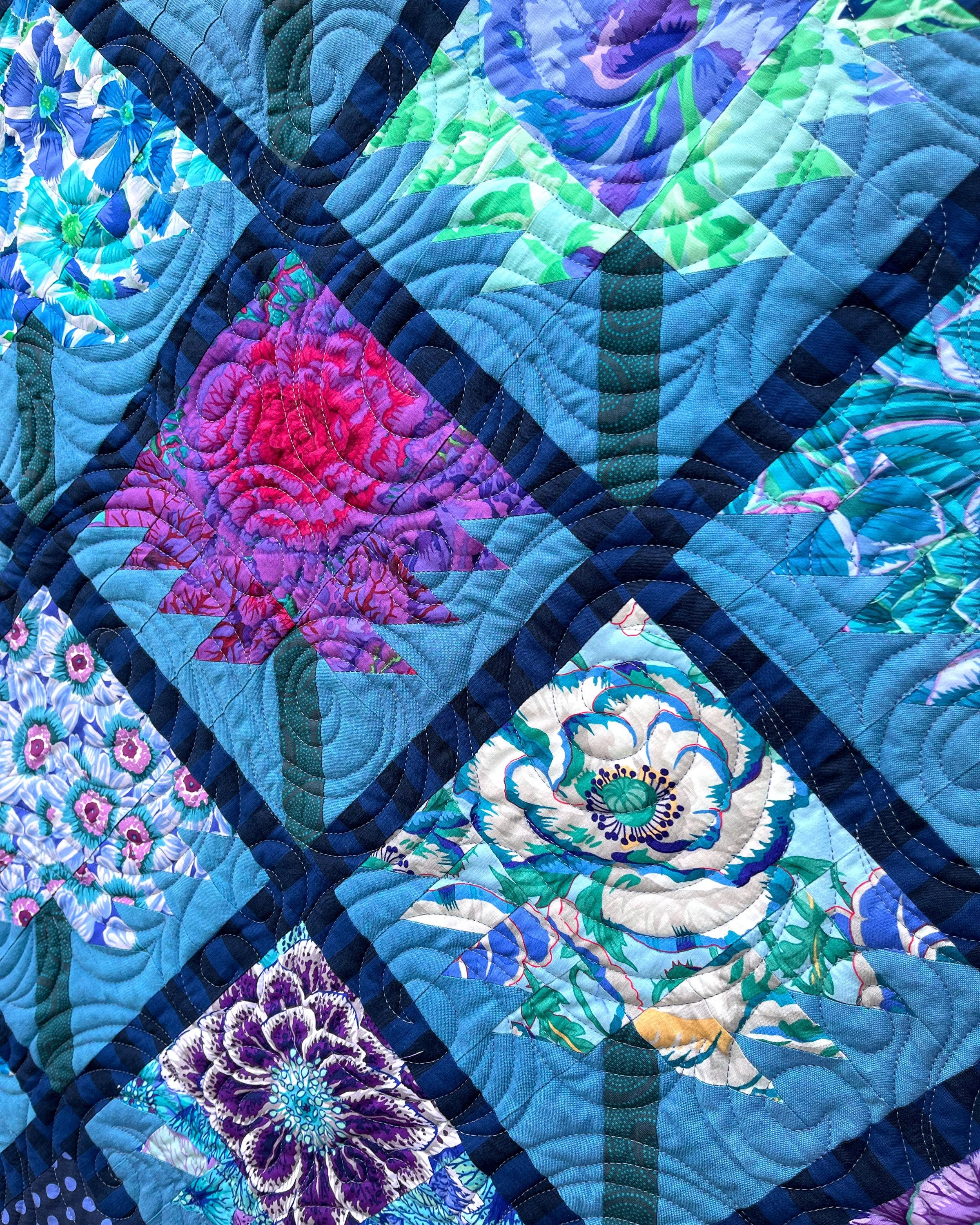 Kaffe Fassett Wall Quilt, Blues, Purples, Dots, Florals, Set on Point ...