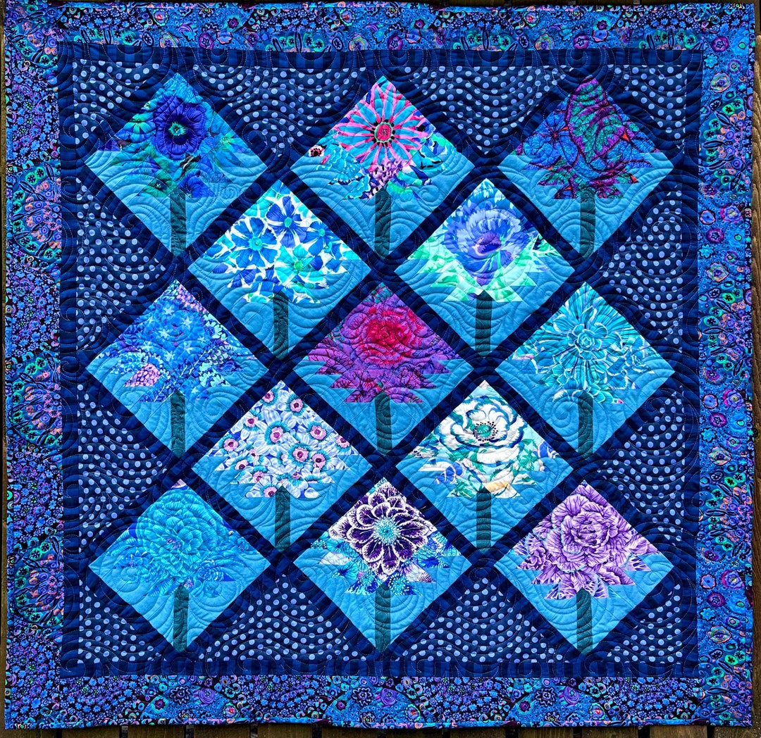 Kaffe Fassett Wall Quilt, Blues, Purples, Dots, Florals, Set on Point ...