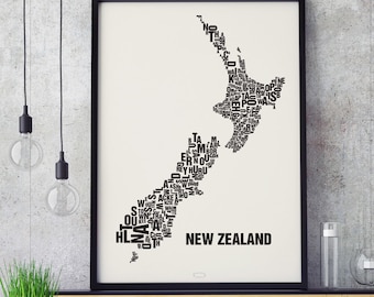 New Zealand Map Typography Map Poster Print Text Map - Etsy UK