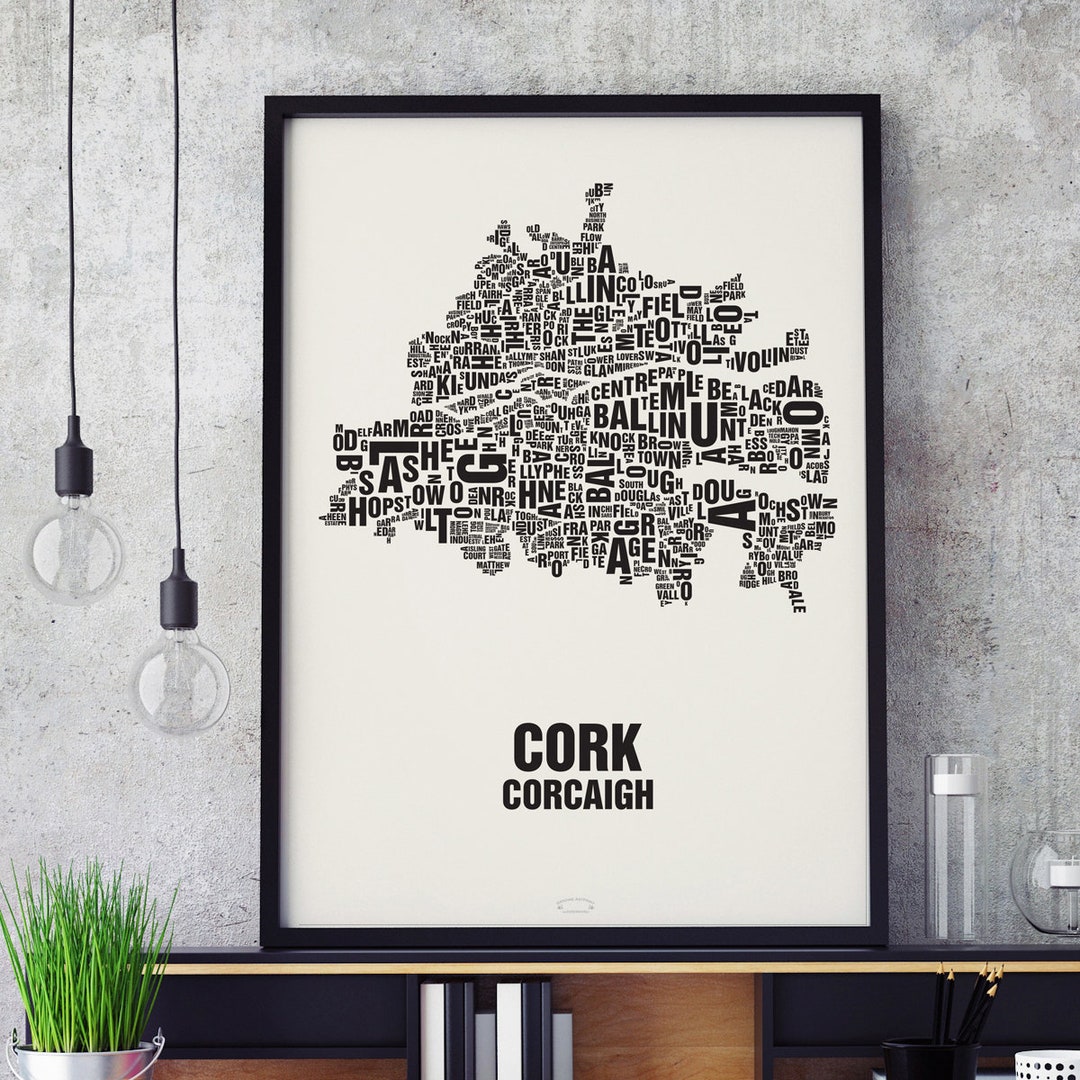 CORK Corcaigh Ireland Type Map Screen Print, Neighbourhood Map, City ...