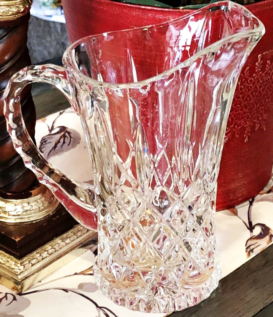 Vintage Cut Glass Crystal 8 Pitcher With Diamond Pattern, Thumbprint ...