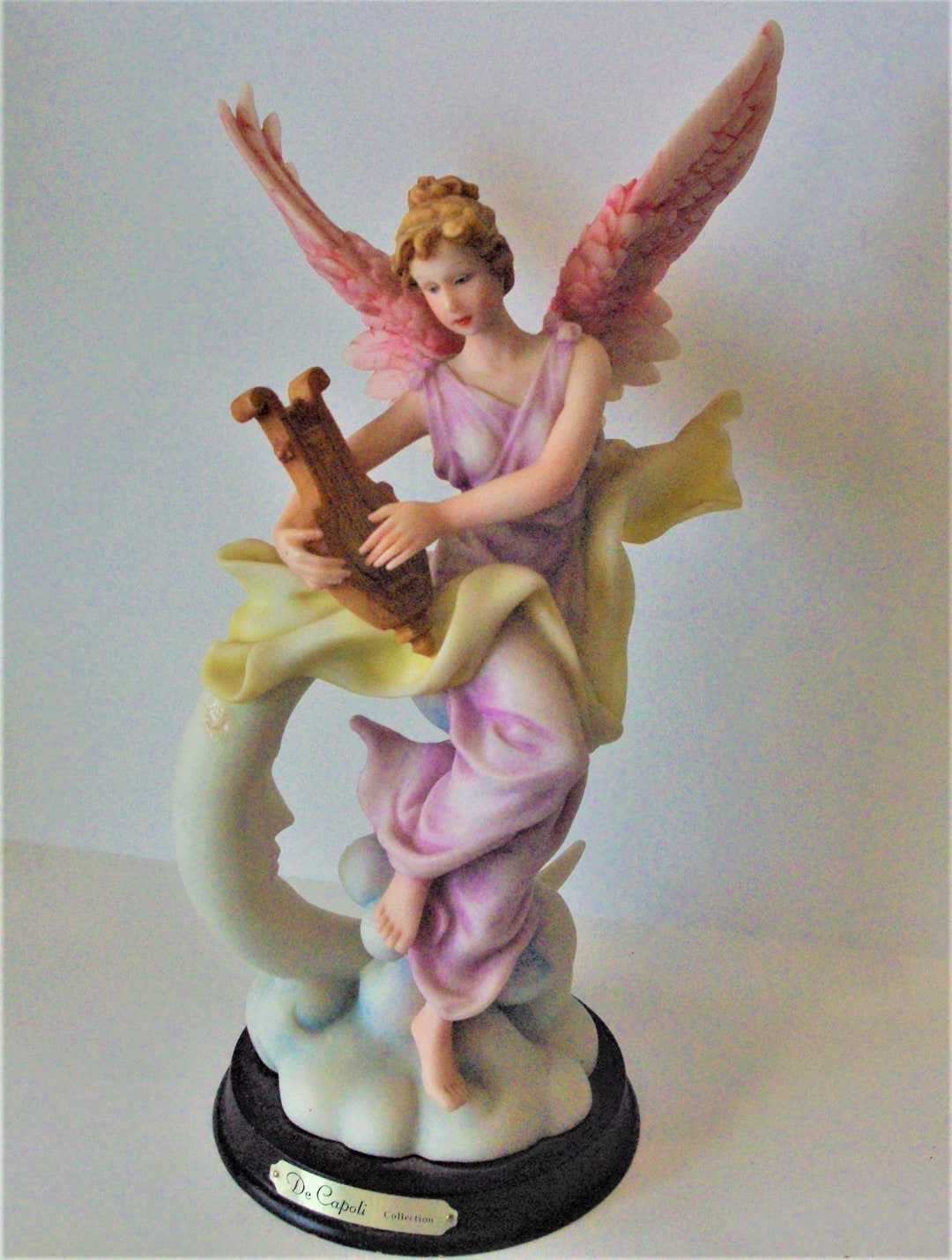 Vintage De Capoli Resin Figurine Angel W Harp, Moon and Clouds 13 Tall ...