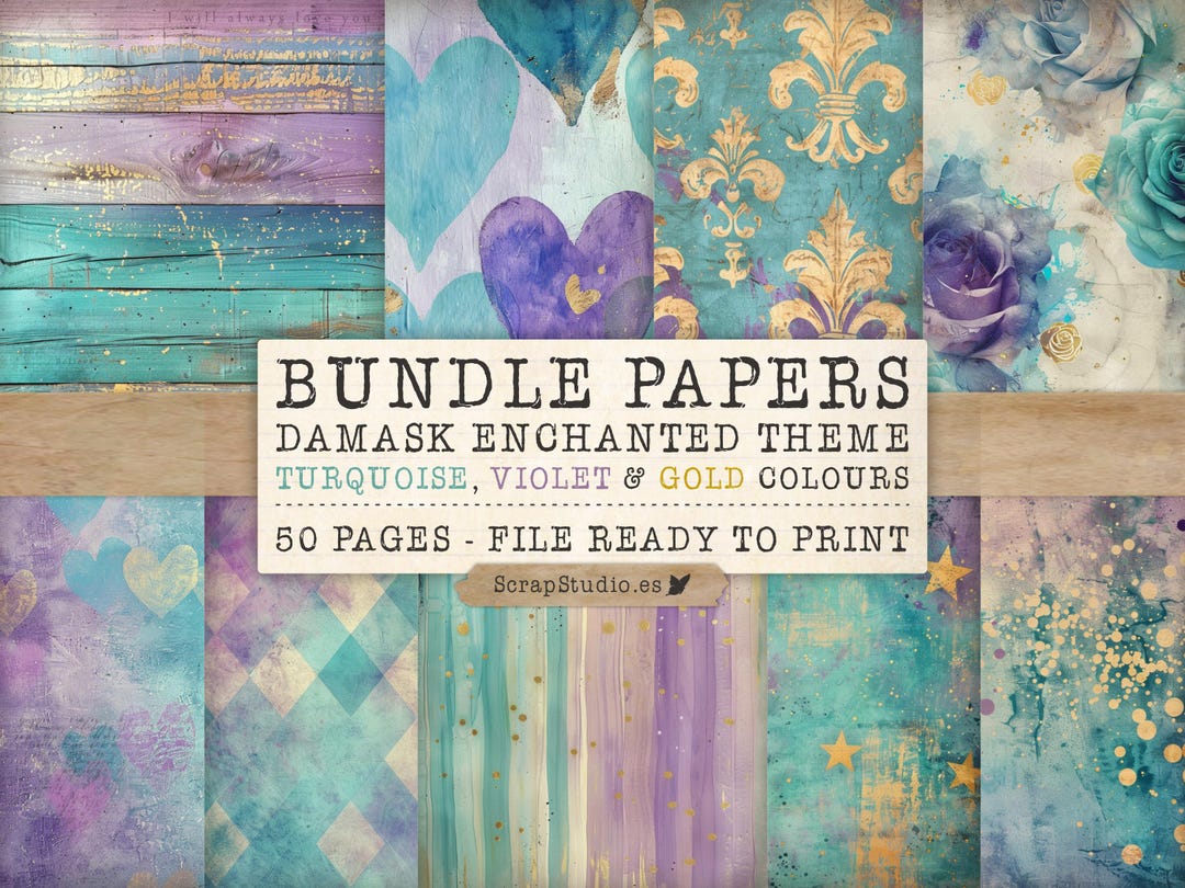 Damask Enchanted Digital Paper A4 Pack – Turquoise Violet Gold Antique Textures - Etsy