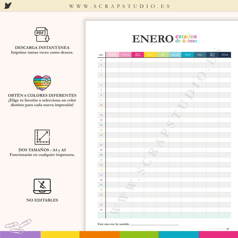 Monthly Mood Tracker A5 & A4 Sizes Printable PDF English / Spanish ...