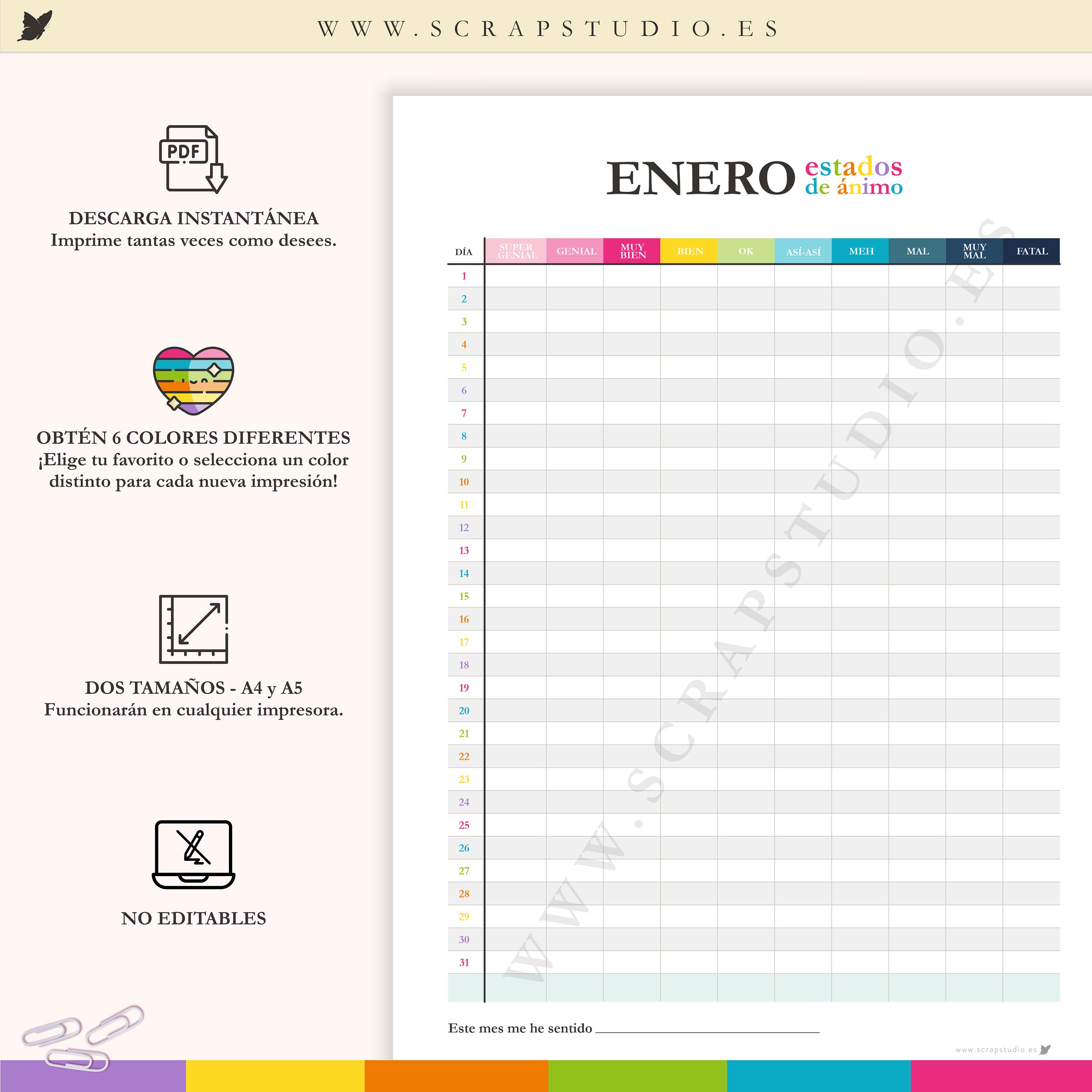 Monthly Mood Tracker A5 & A4 Sizes Printable PDF English / Spanish ...