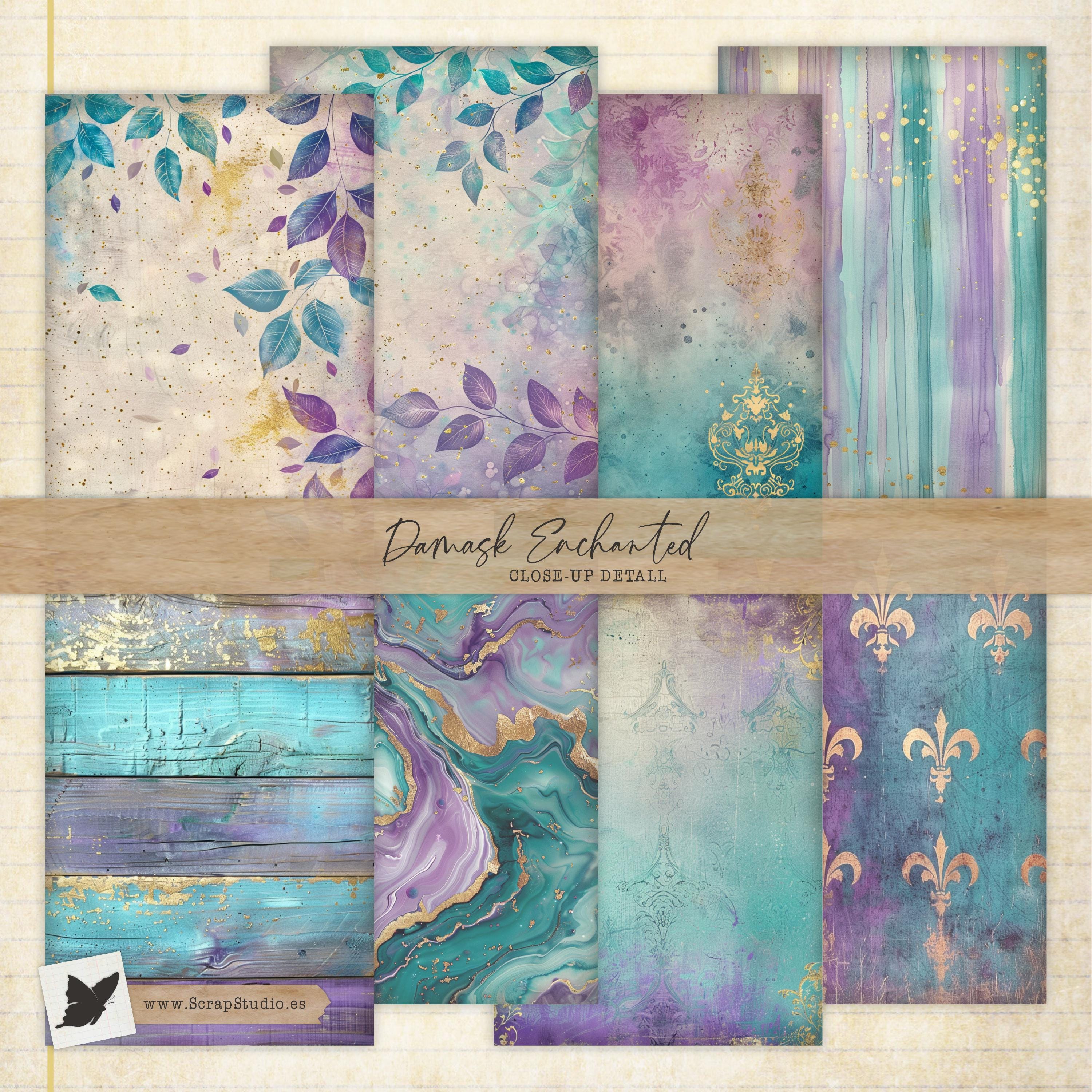 Damask Enchanted Digital Paper A4 Pack – Turquoise Violet Gold Antique Textures - Etsy