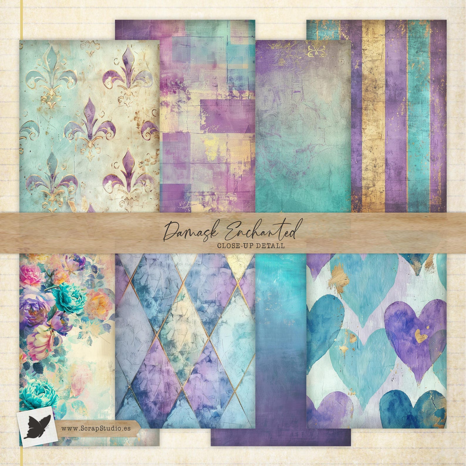 Damask Enchanted Digital Paper A4 Pack – Turquoise Violet Gold Antique Textures - Etsy