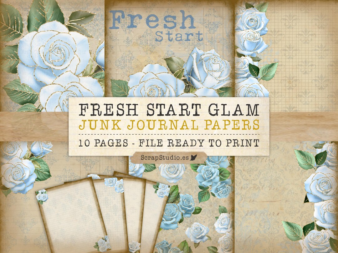Fresh Start Printable Papers, Baby Blue & Gold Glam Roses, Junk Journal ...