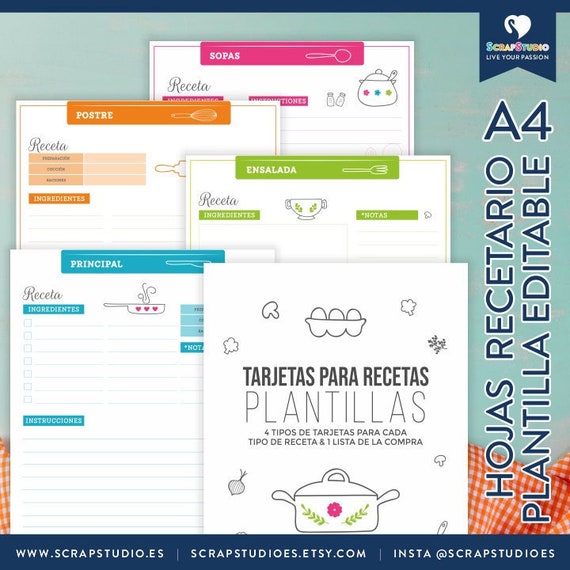 Recetario Plantillas editables para Recetas .PDF - Etsy México