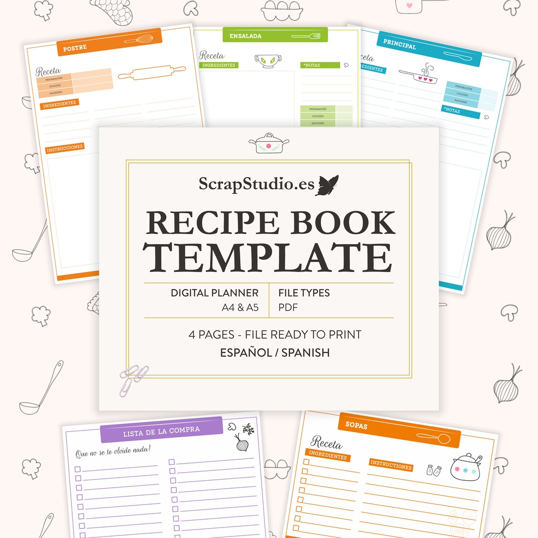 Recetario Plantillas para Recetas .PDF Imprimible A5 ESPAÑOL Descarga ...