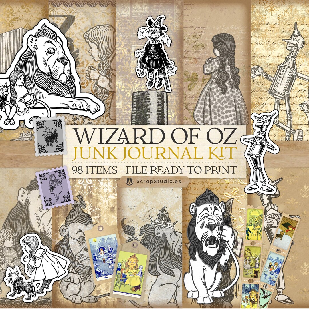 Wizard of Oz Junk Journal Kit, Collage Sheets, Vintage Ephemera, Stamps ...