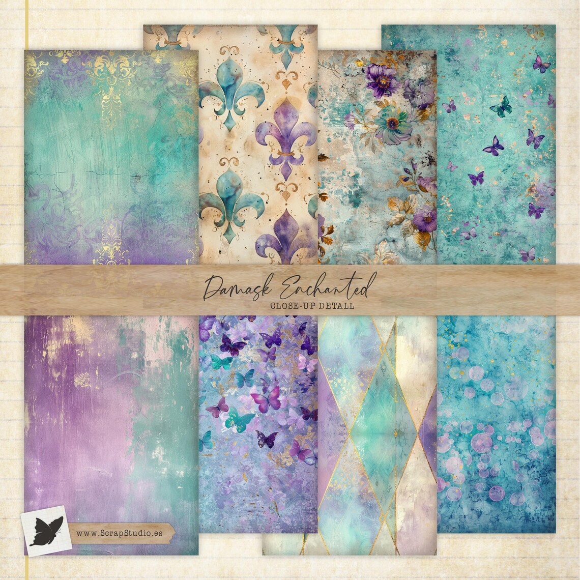 Damask Enchanted Digital Paper A4 Pack – Turquoise Violet Gold Antique Textures - Etsy
