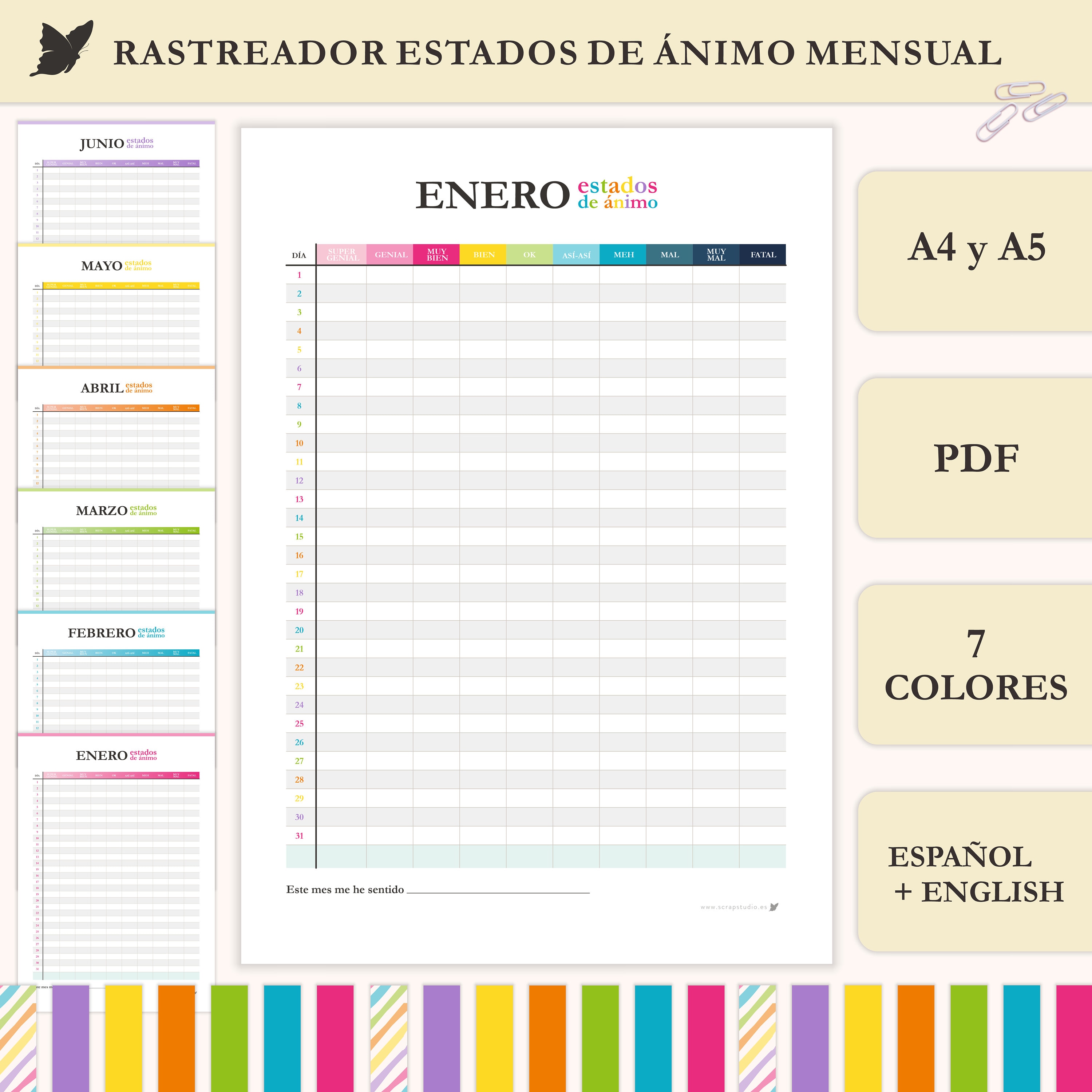 Monthly Mood Tracker A5 & A4 Sizes Printable PDF English / Spanish ...