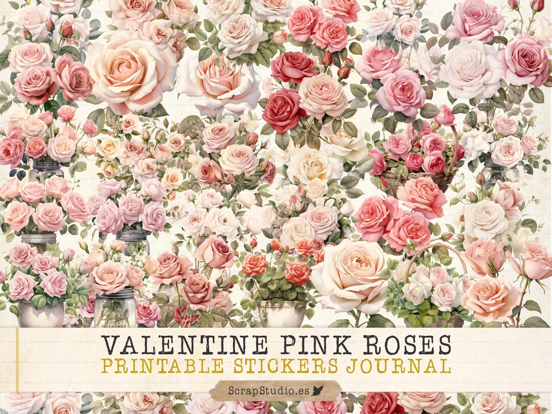 Vintage Pink Roses Stickers, Romantic Ephemera Printable, Junk Journal ...